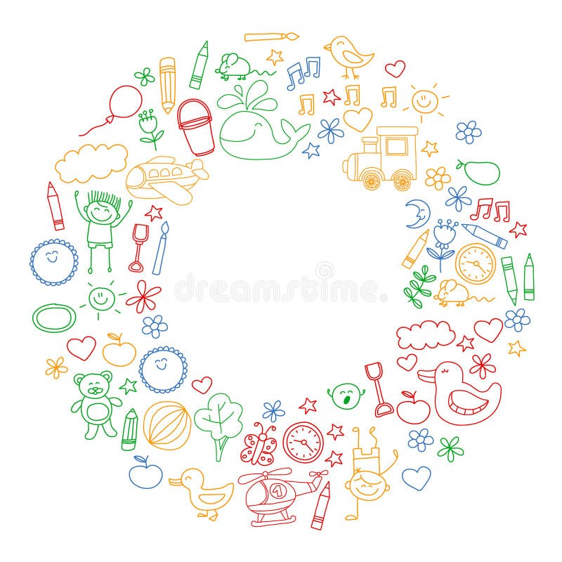 Vector Doodle Set with Kindergarten Children. Small Kids Play, Learn ...