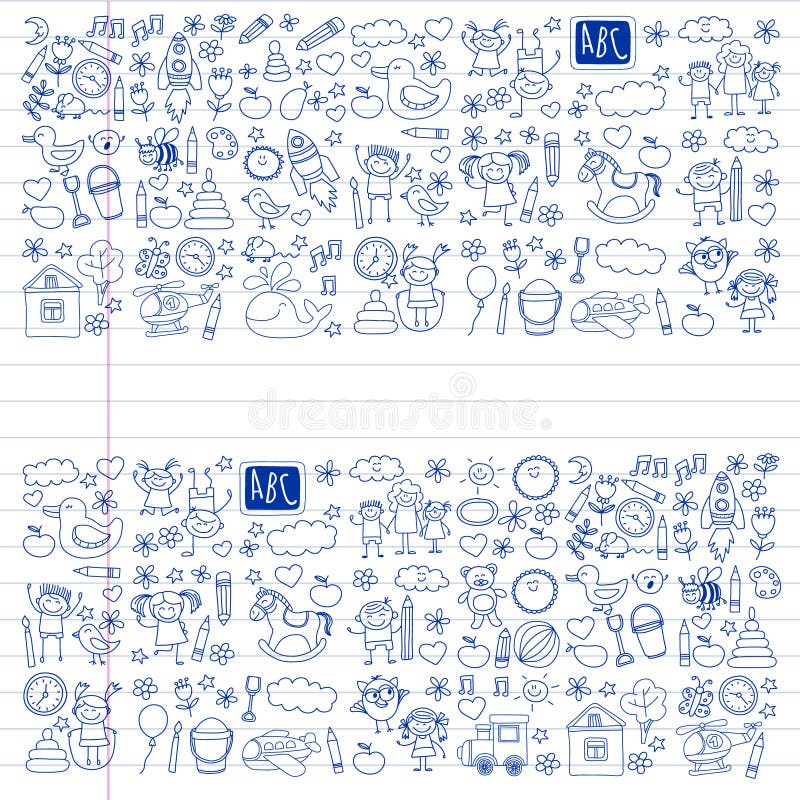 Vector Doodle Set with Kindergarten Children. Small Kids Play, Learn ...