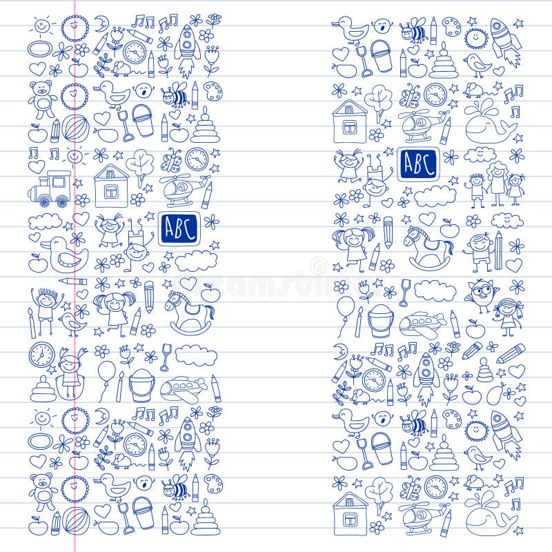 Vector Doodle Set with Kindergarten Children. Small Kids Play, Learn ...