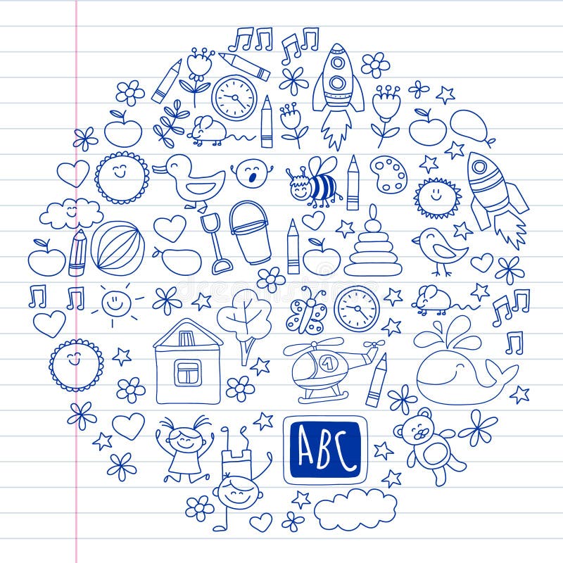 Vector Doodle Set with Kindergarten Children. Small Kids Play, Learn ...
