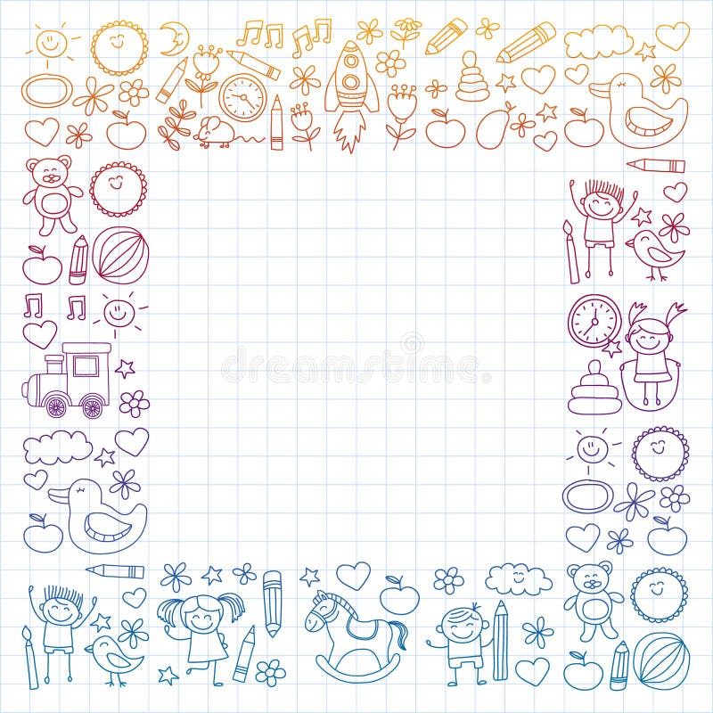 Vector Doodle Set with Kindergarten Children. Small Kids Play, Learn ...