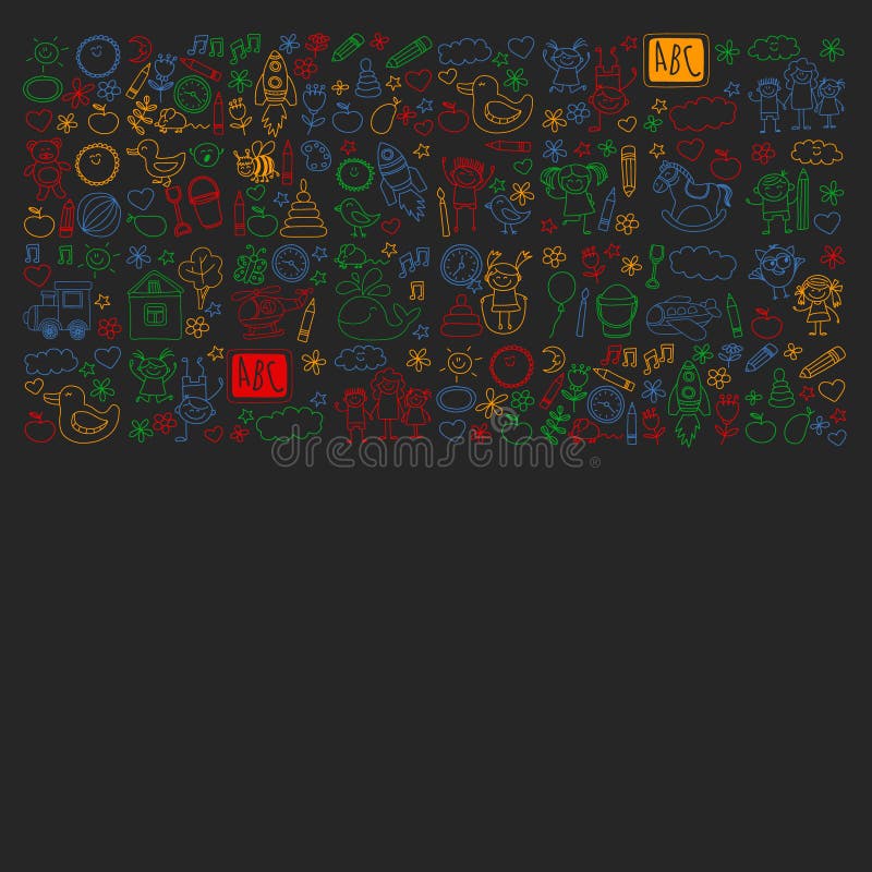 Vector Doodle Set with Kindergarten Children. Small Kids Play, Learn ...