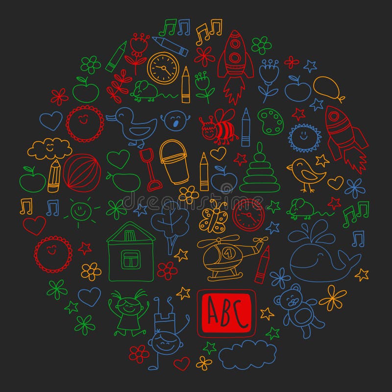Vector Doodle Set with Kindergarten Children. Small Kids Play, Learn ...