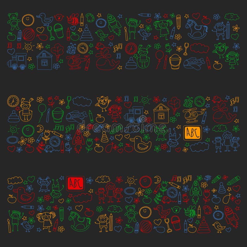 Vector Doodle Set with Kindergarten Children. Small Kids Play, Learn ...