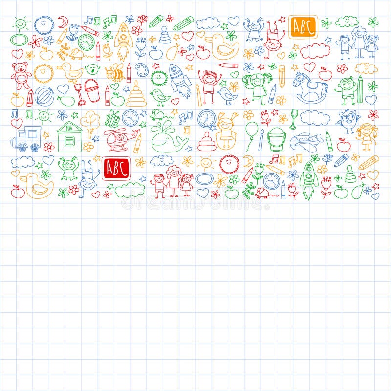 Vector Doodle Set with Kindergarten Children. Small Kids Play, Learn ...