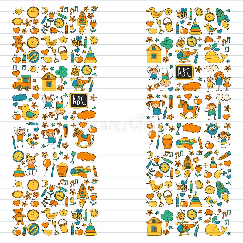 Vector Doodle Set with Kindergarten Children. Small Kids Play, Learn ...