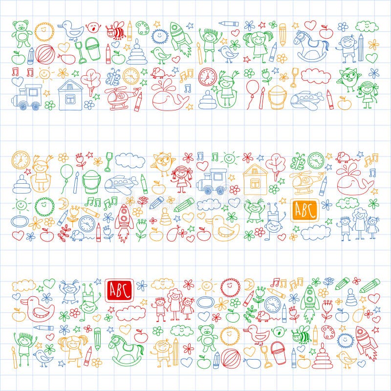 Vector Doodle Set with Kindergarten Children. Small Kids Play, Learn ...
