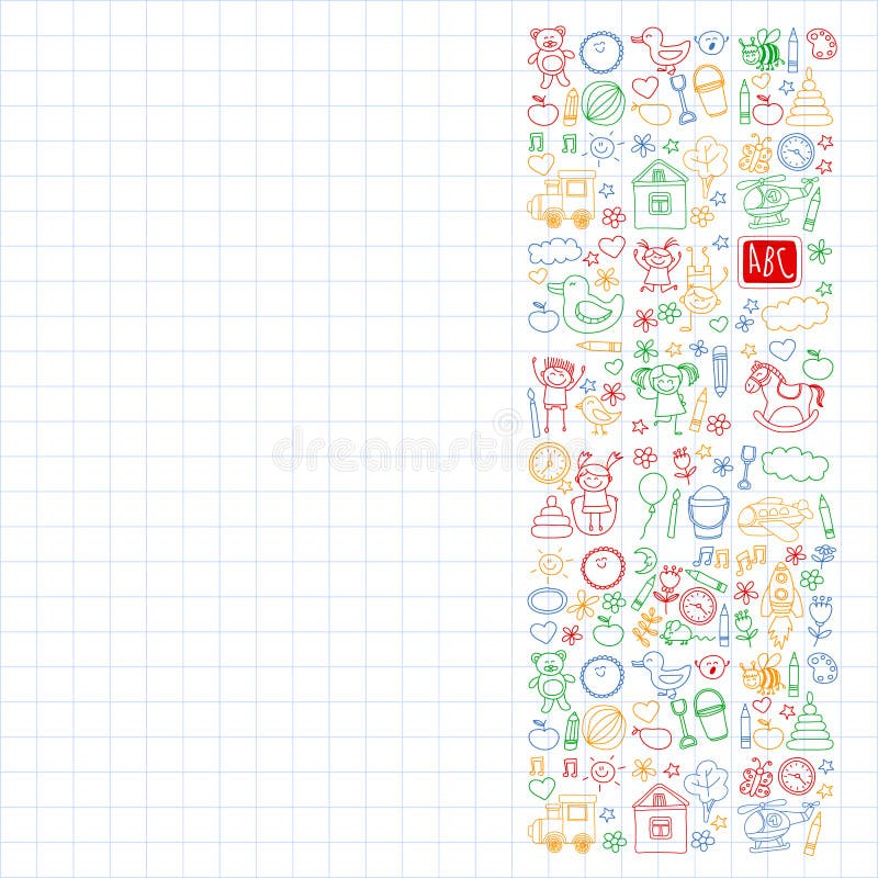 Vector Doodle Set with Kindergarten Children. Small Kids Play, Learn ...