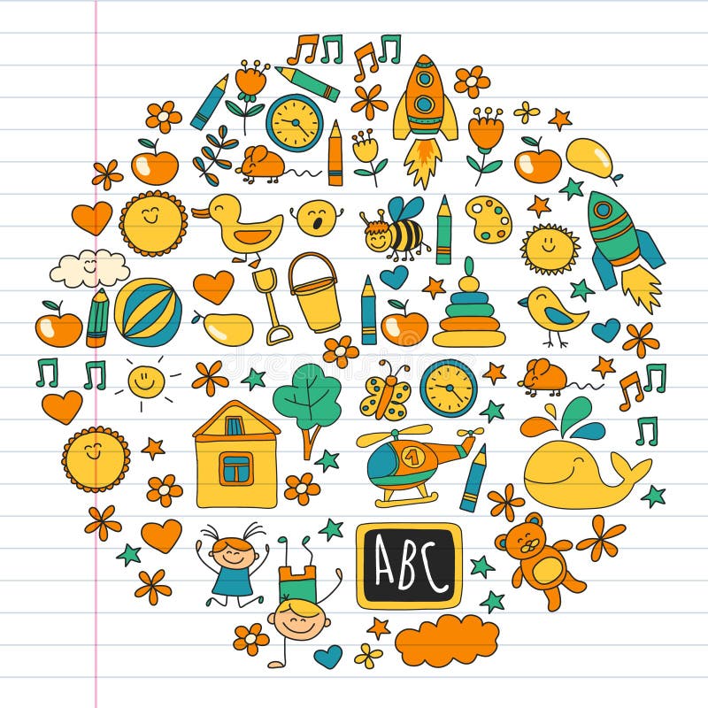 Vector Doodle Set with Kindergarten Children. Small Kids Play, Learn ...