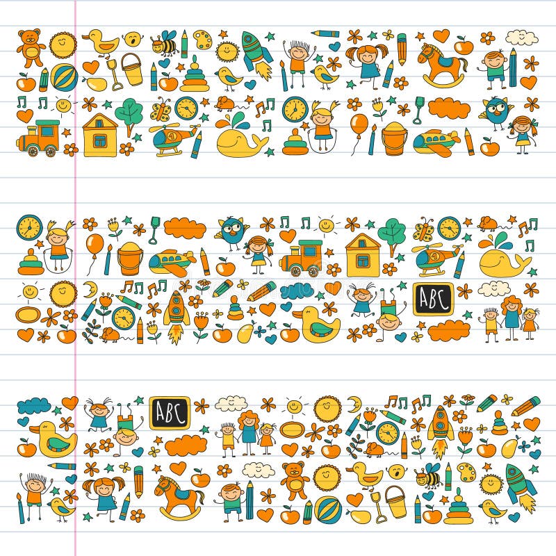 Vector Doodle Set with Kindergarten Children. Small Kids Play, Learn ...