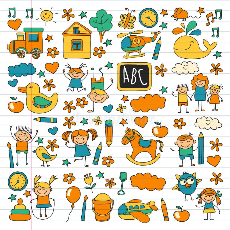 Vector Doodle Set with Kindergarten Children. Small Kids Play, Learn ...