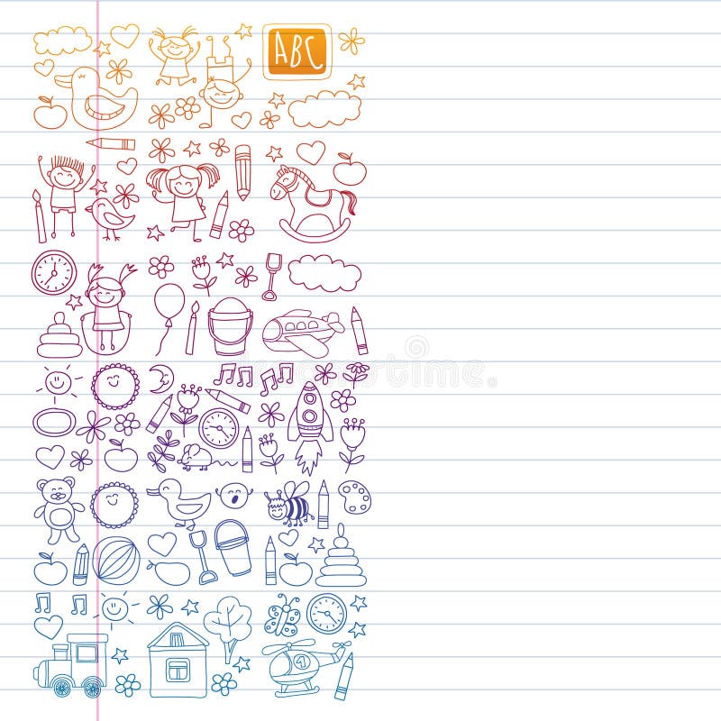 Vector Doodle Set with Kindergarten Children. Small Kids Play, Learn ...