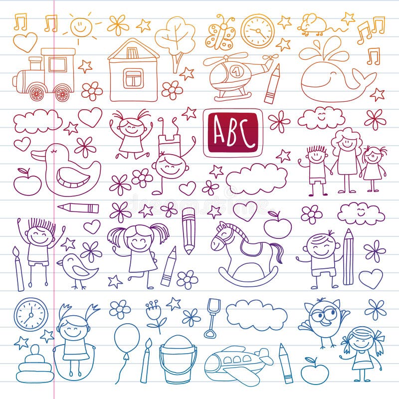 Vector Doodle Set with Kindergarten Children. Small Kids Play, Learn ...