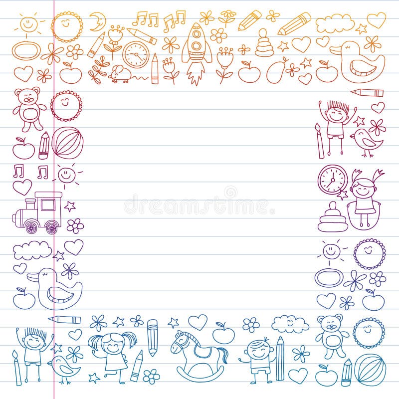 Vector Doodle Set with Kindergarten Children. Small Kids Play, Learn ...
