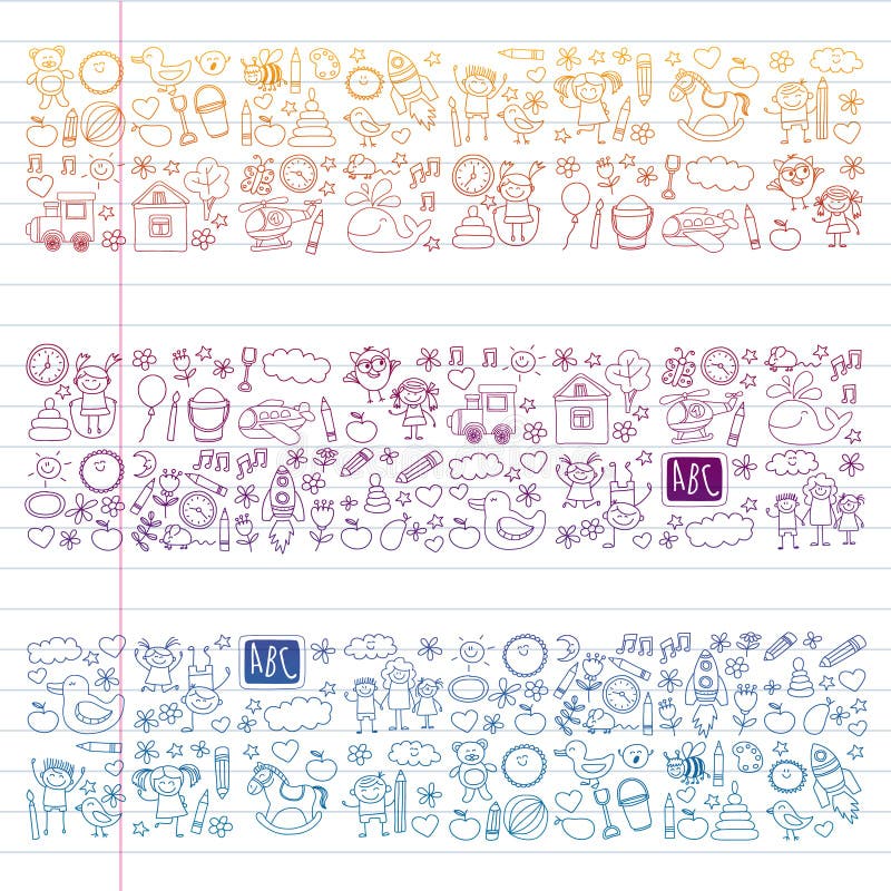 Vector Doodle Set with Kindergarten Children. Small Kids Play, Learn ...