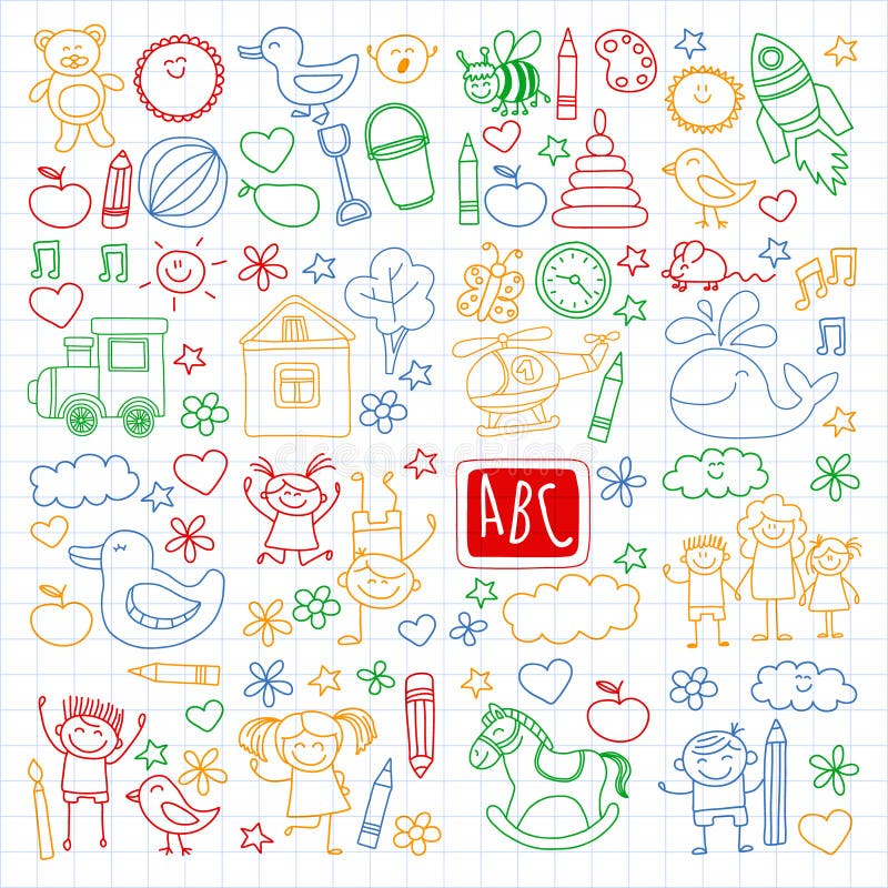 Vector Doodle Set with Kindergarten Children. Small Kids Play, Learn ...