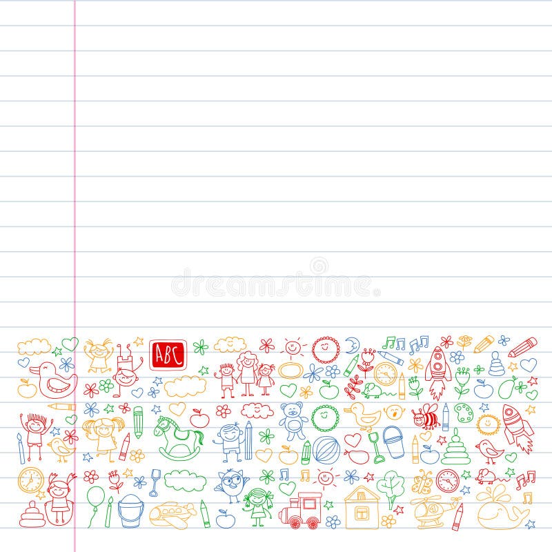 Vector Doodle Set with Kindergarten Children. Small Kids Play, Learn ...
