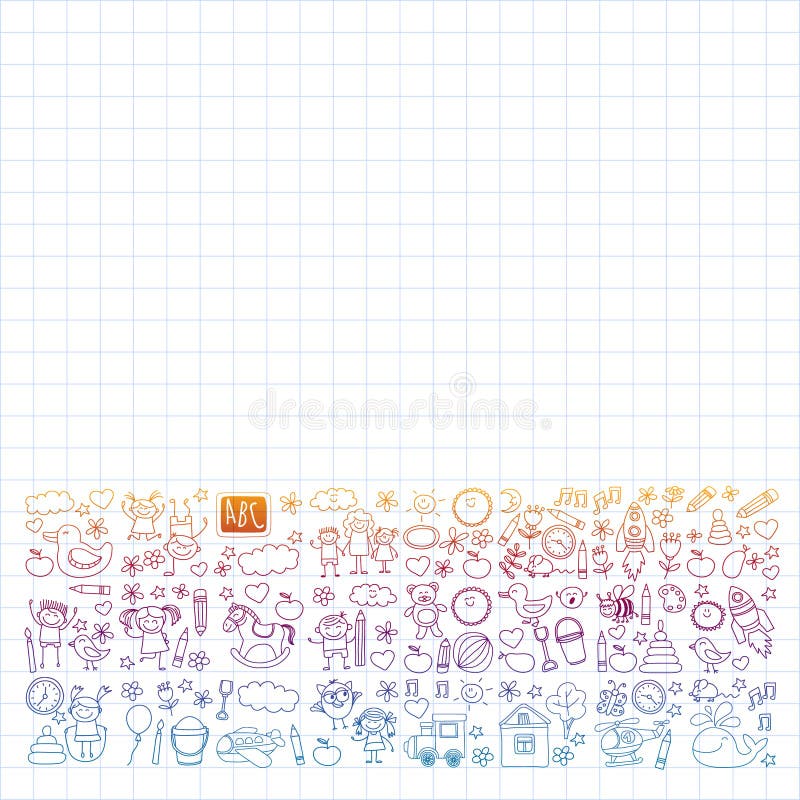 Vector Doodle Set with Kindergarten Children. Small Kids Play, Learn ...