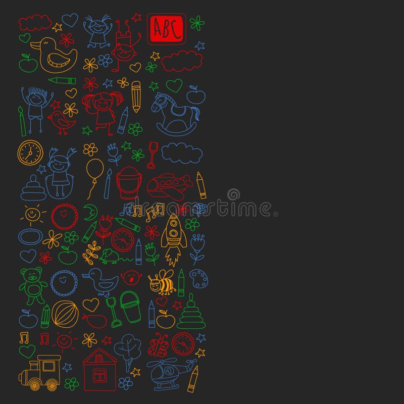 Vector Doodle Set with Kindergarten Children. Small Kids Play, Learn ...