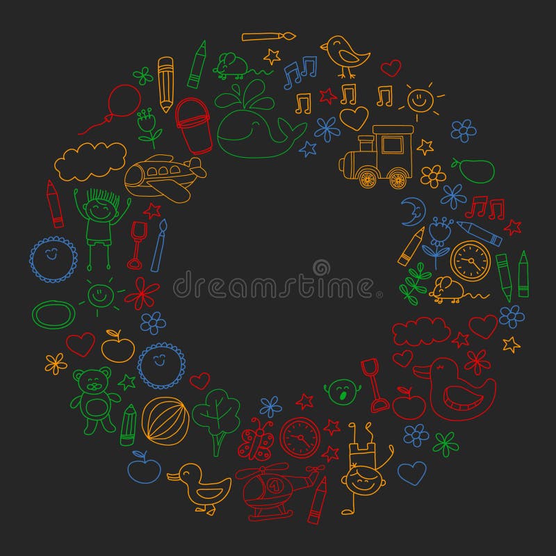 Vector Doodle Set with Kindergarten Children. Small Kids Play, Learn ...