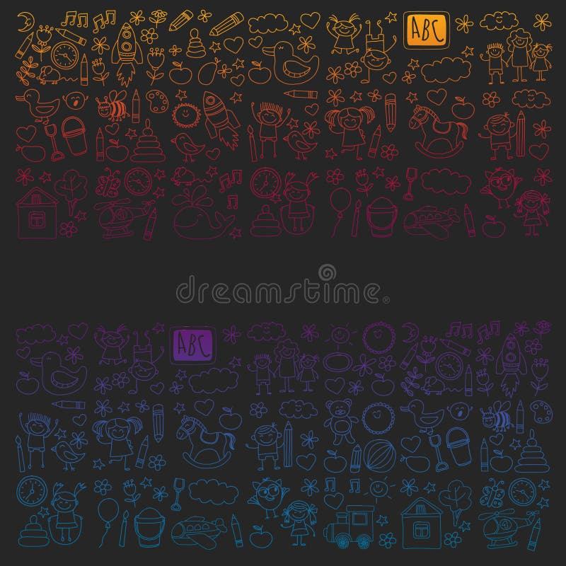 Vector Doodle Set with Kindergarten Children. Small Kids Play, Learn ...