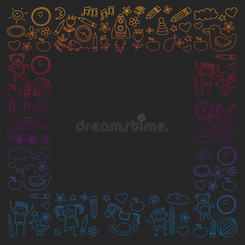 Vector Doodle Set with Kindergarten Children. Small Kids Play, Learn ...
