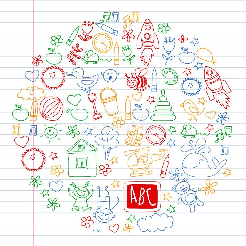 Vector Doodle Set with Kindergarten Children. Small Kids Play, Learn ...