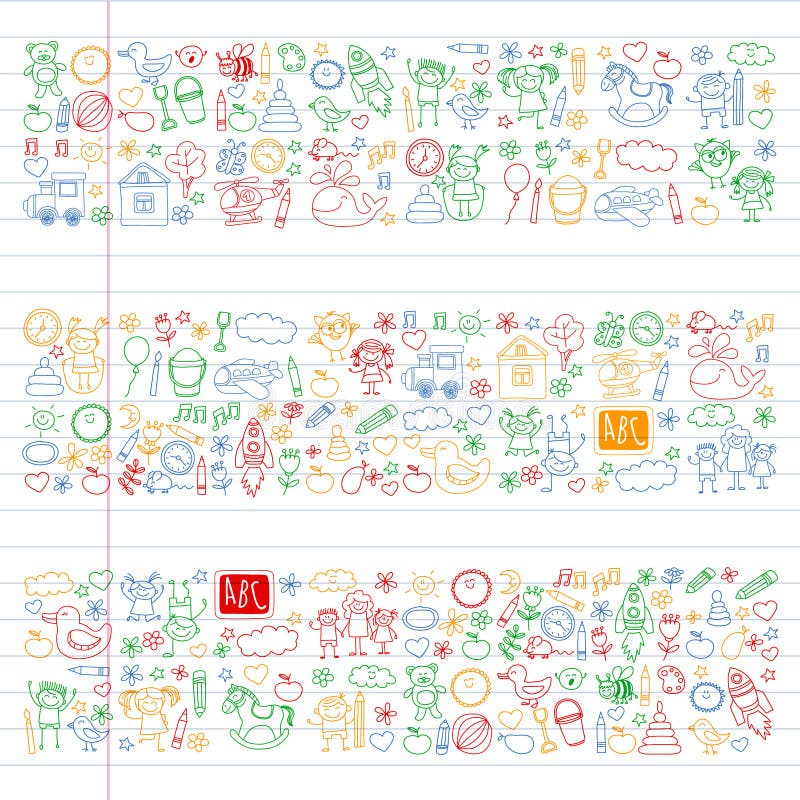 Vector Doodle Set with Kindergarten Children. Small Kids Play, Learn ...