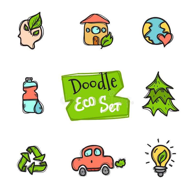 Vector Doodle Style Eco Set. Cute Hand Drawn Collection of Ecological ...