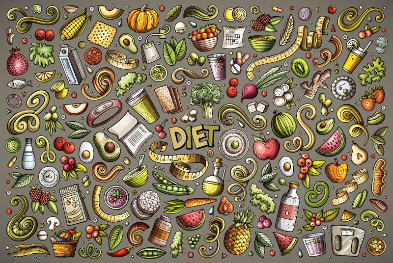 Vector Doodles Cartoon Set of Diet Food Objects and Elements Stock ...