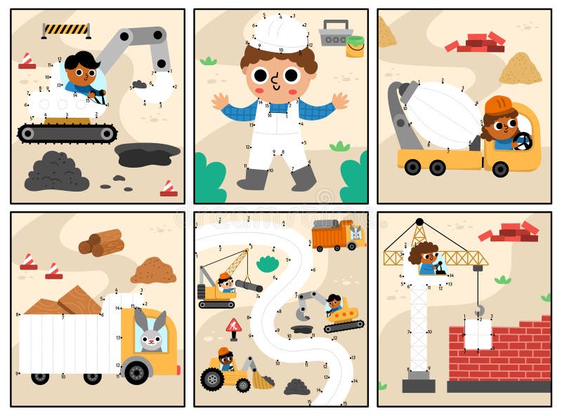 Vector Dot-to-dot and Color Activity Set with Colored Construction Site ...