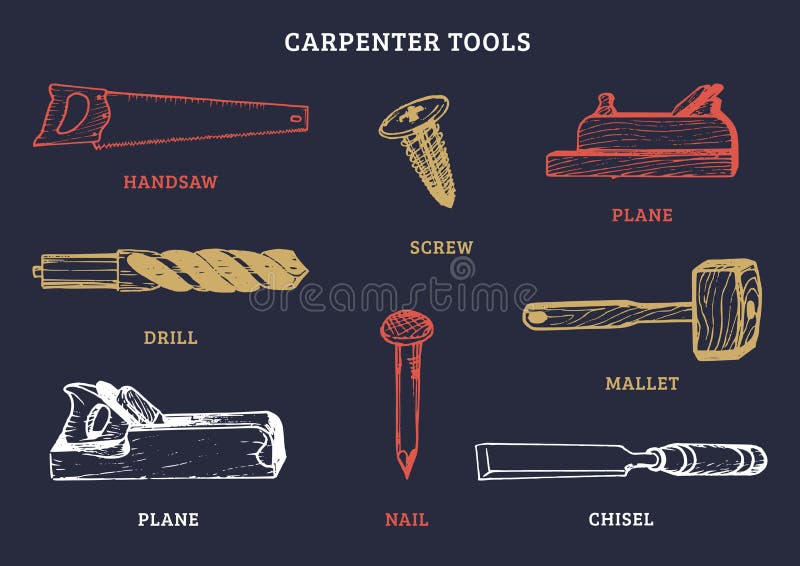 Vector Drawing of Carpentry Tools. Illustration of Wood Works Equipment ...