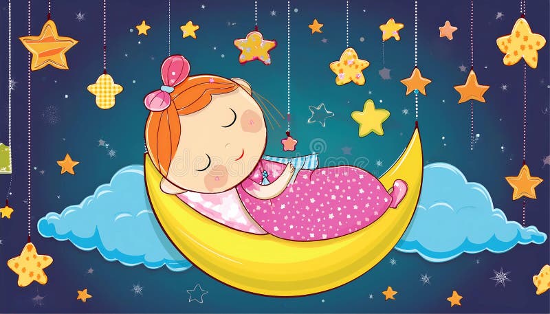 Vector Drawing of a Children Sleeping in a Moon with Stars Stock ...