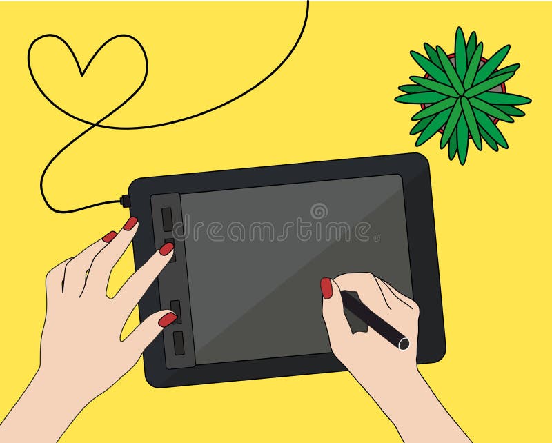 Vector Drawing of Desktop with Tablet for Graphic Drawing, Human Hands ...