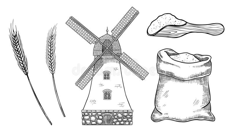 Vector Drawing with Flour, Windmill and Spikelets. Illustration in ...