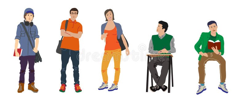 Vector Drawing of a Group of Students, Several Students Standing and ...