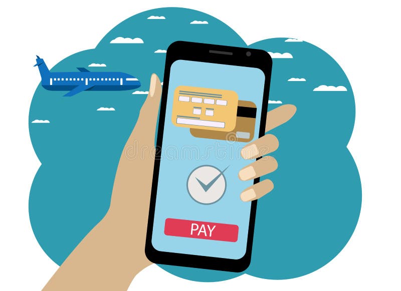 Hand with the Phone. Online Purchase of a Plane Ticket, Payment by Card ...