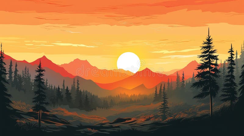 A Vector Drawing of a Landscape with Mountains in a Sunset. Generative ...
