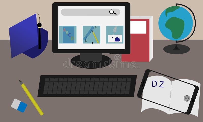 Vector Drawing Learning Communication Home Computer Globe Background ...