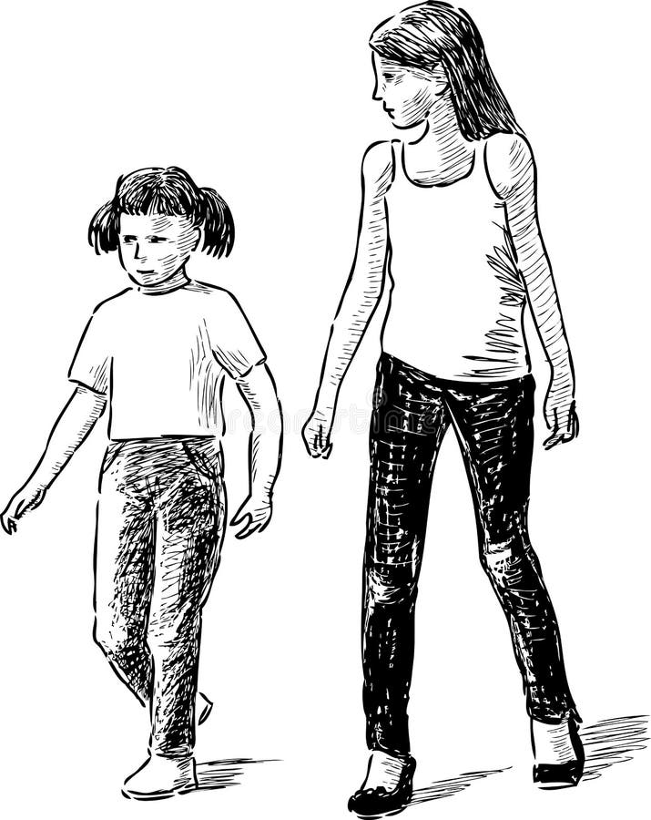 Sketch of Two Strolling Small Sisters Stock Vector - Illustration of ...