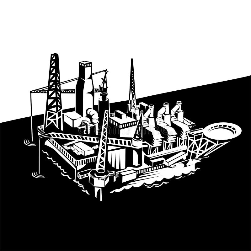 Vector Drawing of Oil Drilling Platform in Sea Stock Vector ...