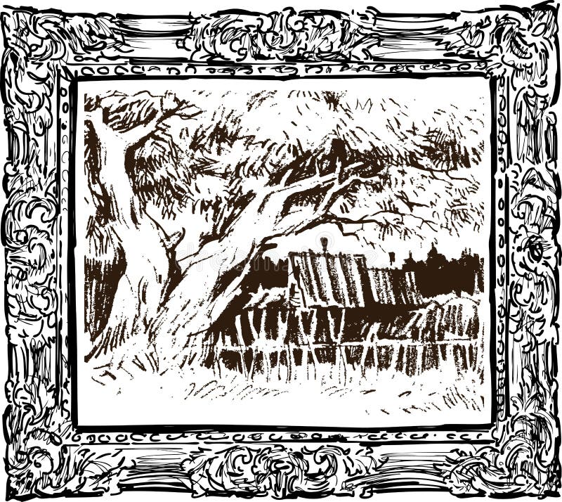 Vector Drawing of a Rural Landscape in a Decorative Frame Stock Vector ...
