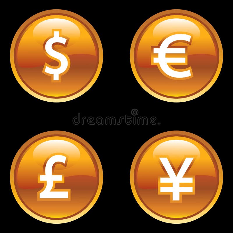Vector Drawing of Set of Gold Buttons of Various Currency Symbols Stock ...
