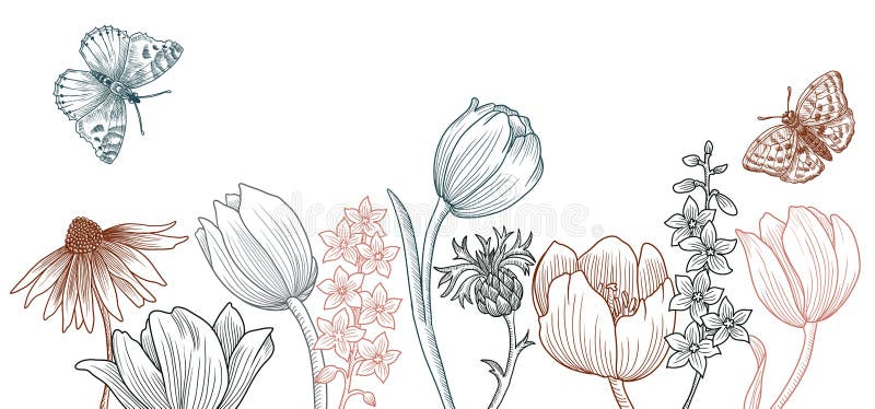 Vector Drawing Spring Template with Flowers Stock Vector - Illustration ...