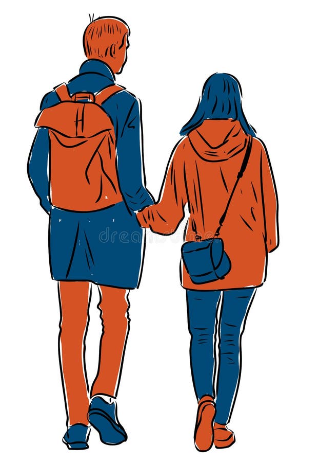 Sketch of Students Couple Walking Along Street Stock Vector ...