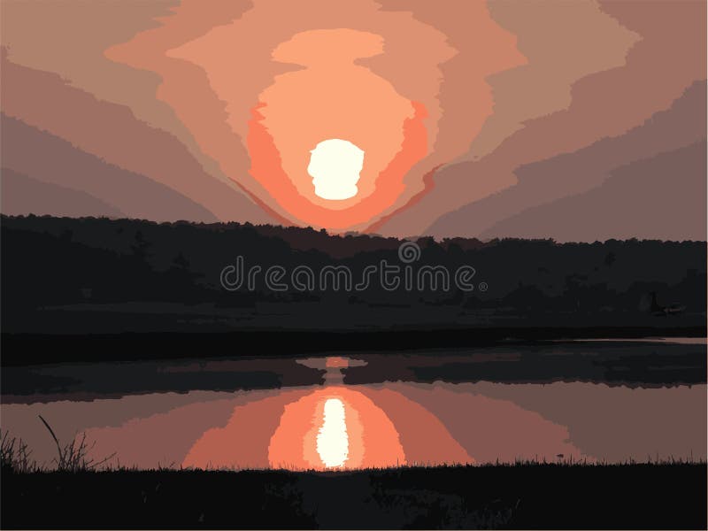 Vector Drawing of Sunset Over Tree Line and River with Reflections ...