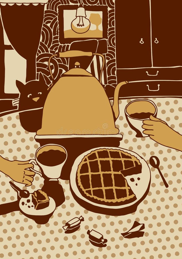 Vector Drawing Tea Party with Cat and Pie Stock Vector - Illustration ...
