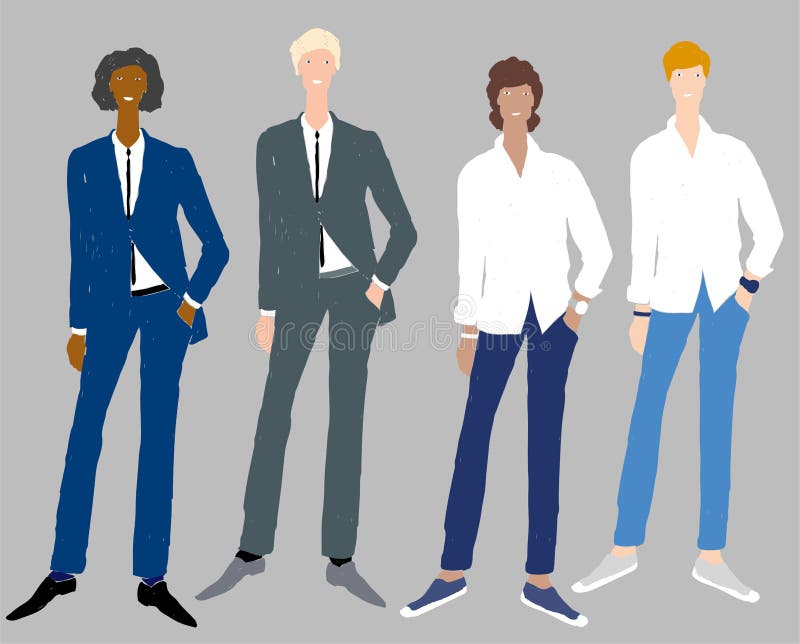 Vector Drawing of Young Men in Business and Casual Costumes Stock ...