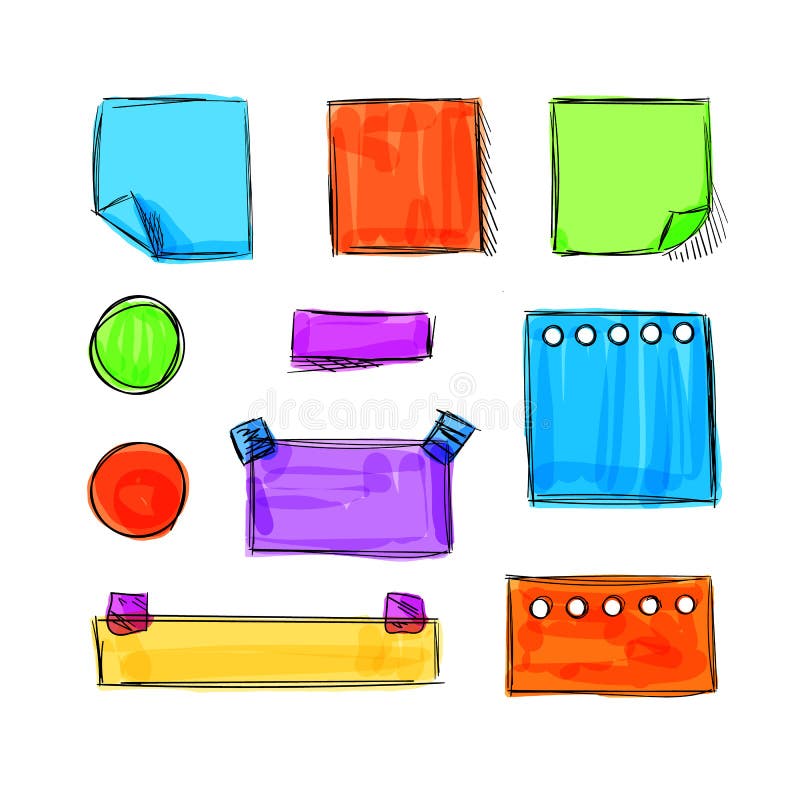 Vector Drawn Memo Papers and Stickers, Adhesive Sticky Notes, Doodle ...