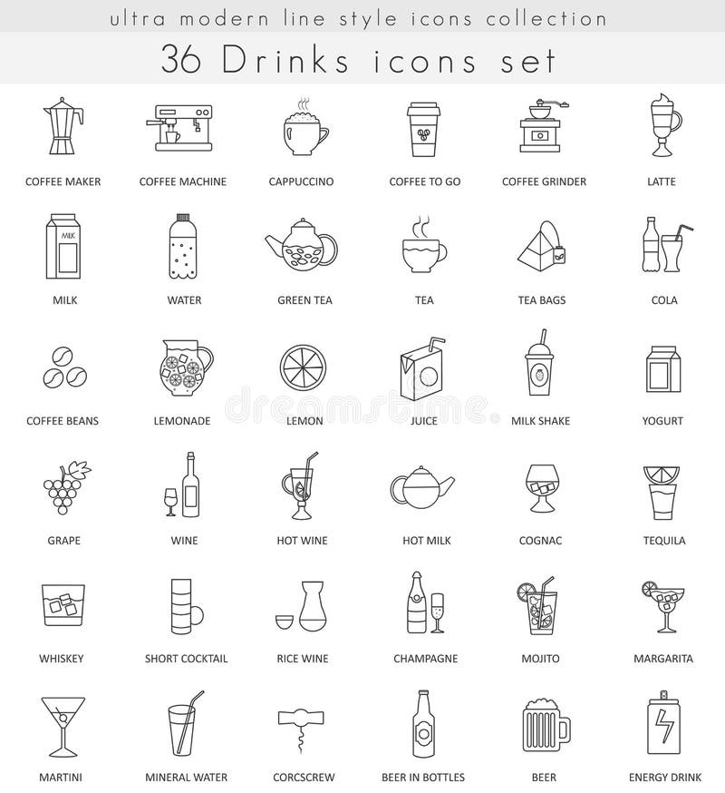 Drinks Thin Line Icons Set, Restaurant, Bar Menu Collection with Water ...